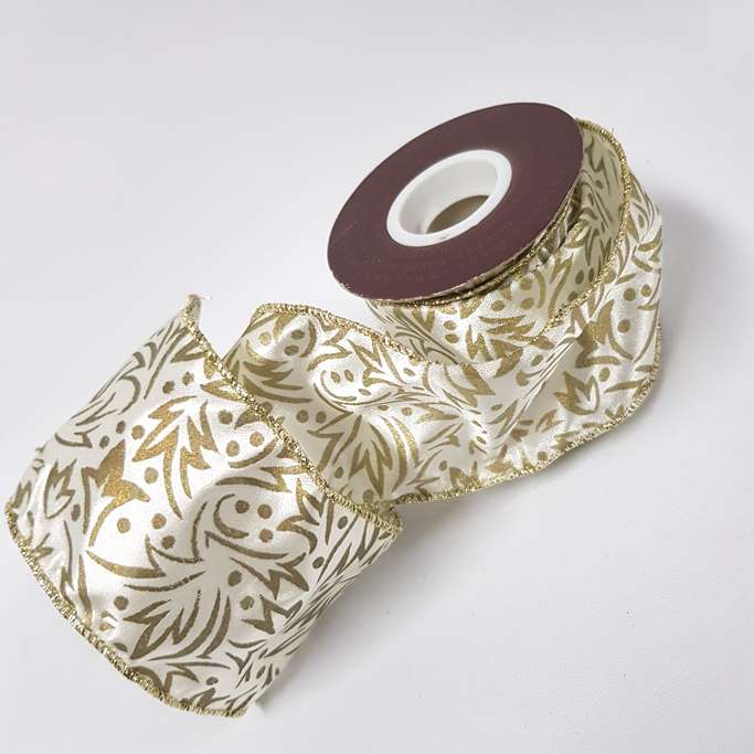 Ribbon Double Wired Cream/Gold 75mm - Desflora