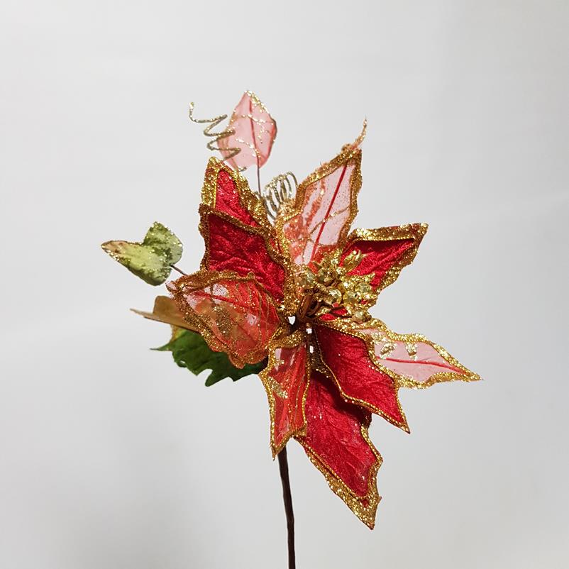 Poinsettia Glitter Pick Red 30cm - Desflora